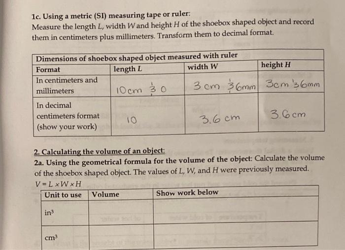 Solved 1c. Using a metric (SI) measuring tape or ruler: | Chegg.com