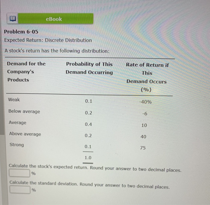 Solved eBook Problem 6-05 Expected Return: Discrete | Chegg.com