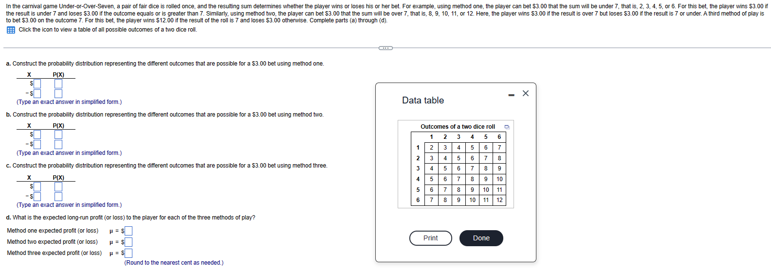 Solved to bet $3.00 ﻿on the outcome 7 . ﻿For this bet, the | Chegg.com