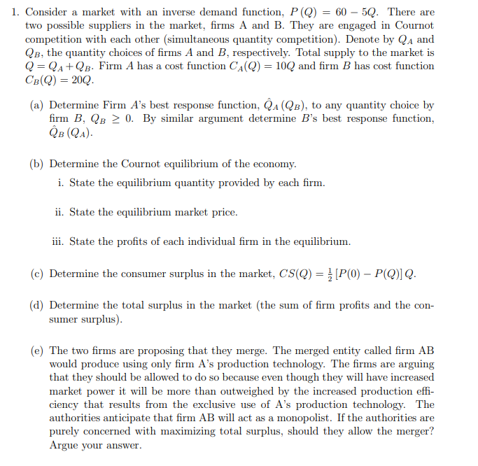 Solved Consider a market with an inverse demand function, | Chegg.com