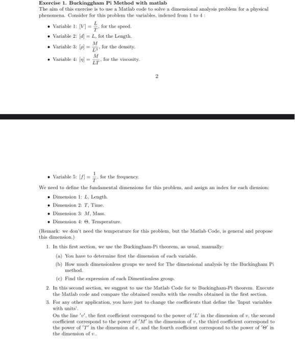 Solved Exercise 1. Buckinggham Pi Method with matlab The aim | Chegg.com