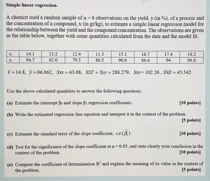 Solved Simple linear regression. A chemist used a random | Chegg.com