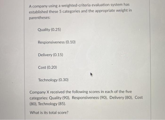 Solved A company using a weighted-criteria evaluation system | Chegg.com