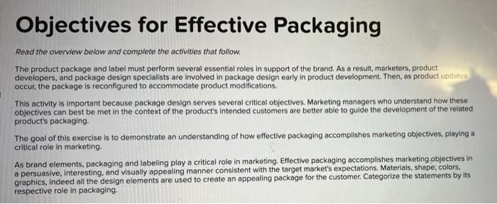 Solved Objectives for Effective Packaging Read the overview | Chegg.com