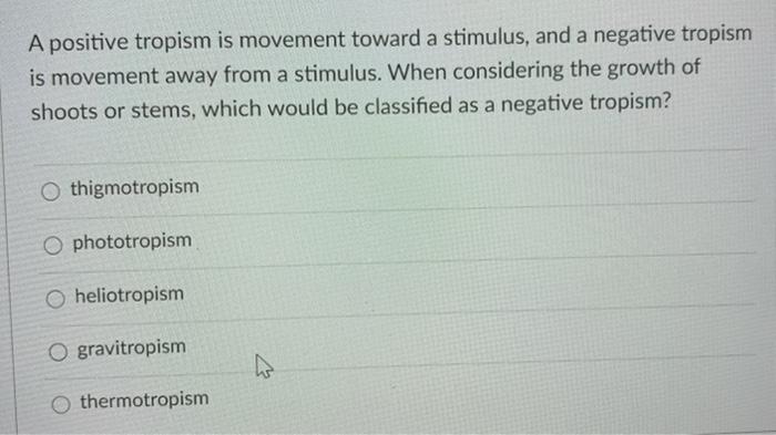 Solved A positive tropism is movement toward a stimulus, and | Chegg.com
