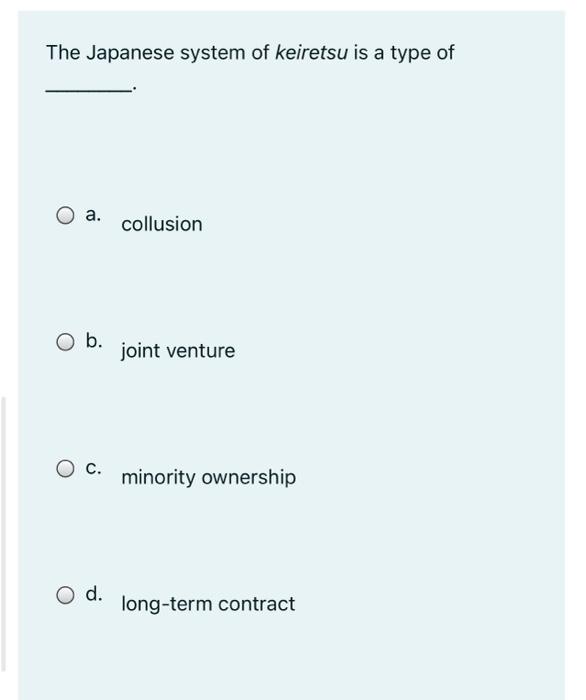 Solved The Japanese system of keiretsu is a type of a. | Chegg.com