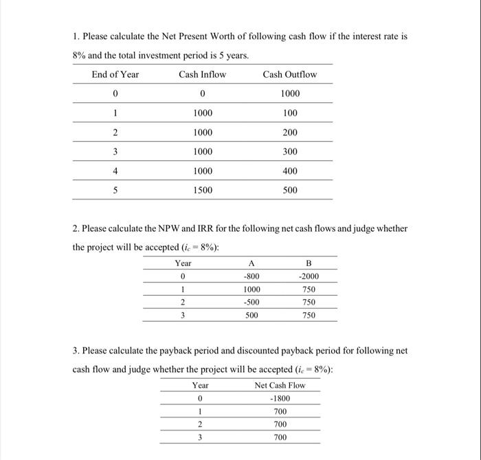 Solved 1. Please calculate the Net Present Worth of | Chegg.com