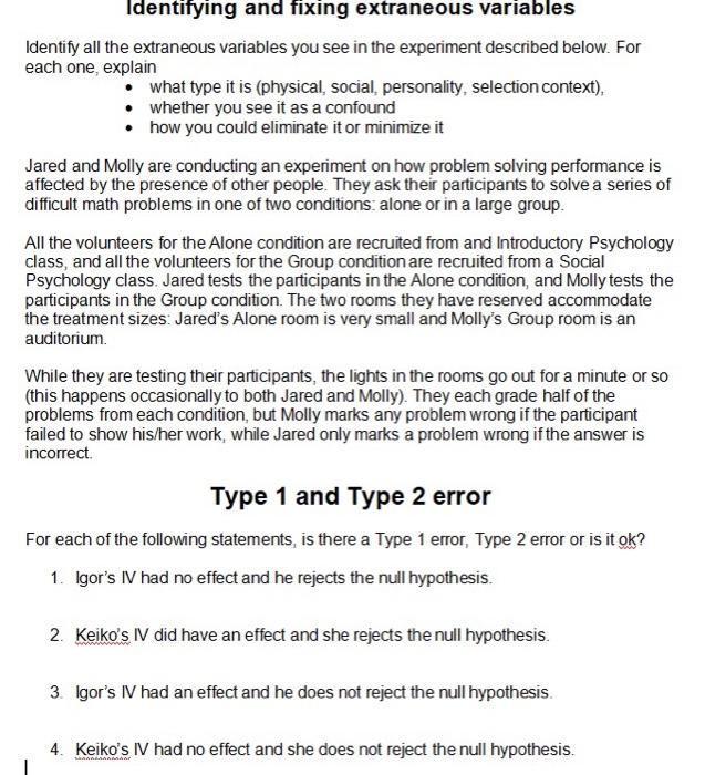 Identifying and fixing extraneous variables Identify | Chegg.com