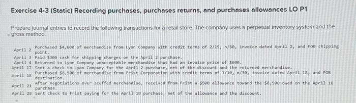 Solved Exercise 4-3 (Static) Recording purchases, purchases | Chegg.com