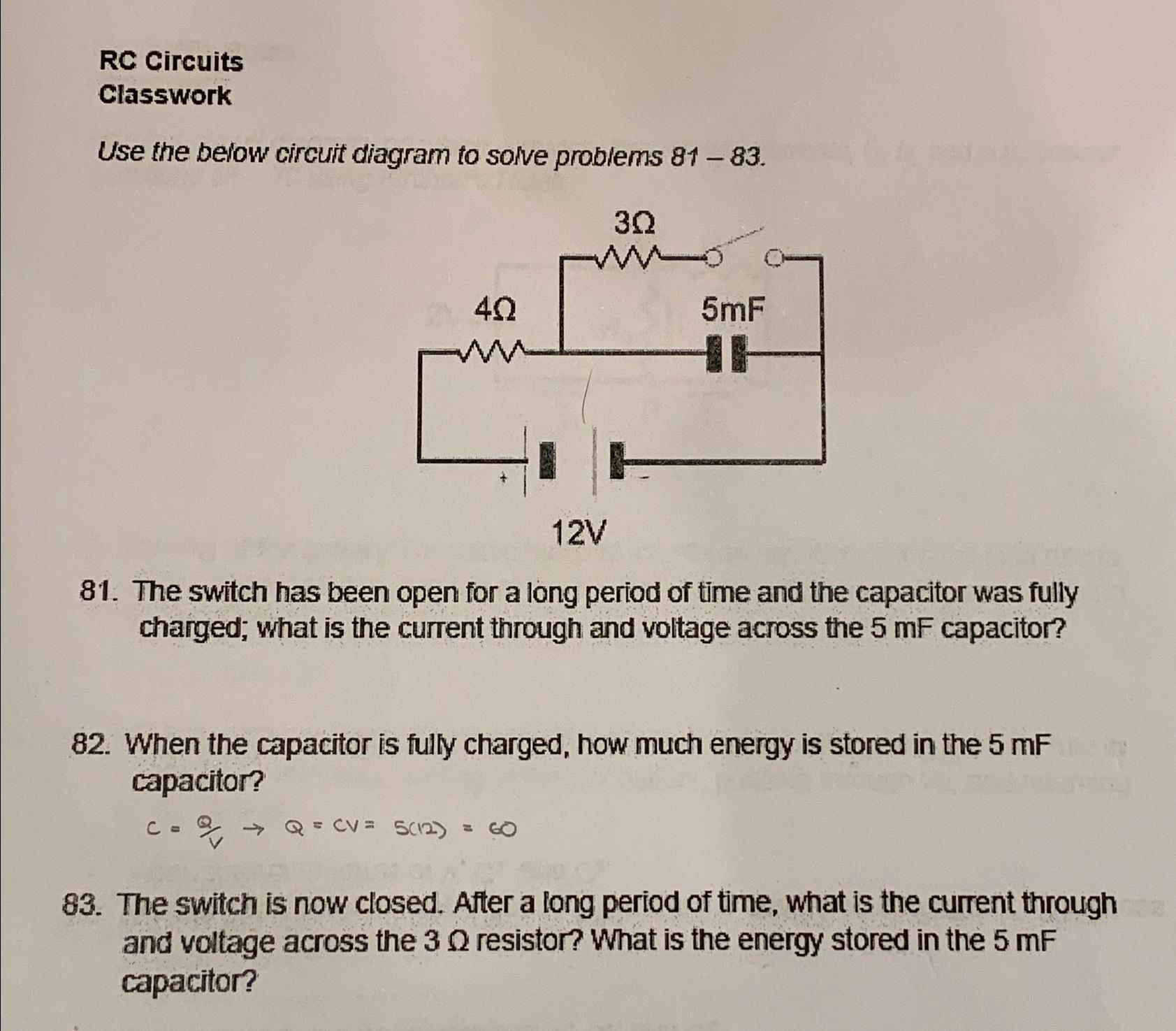RC CircuitsClassworkUse the below circuit diagram to | Chegg.com
