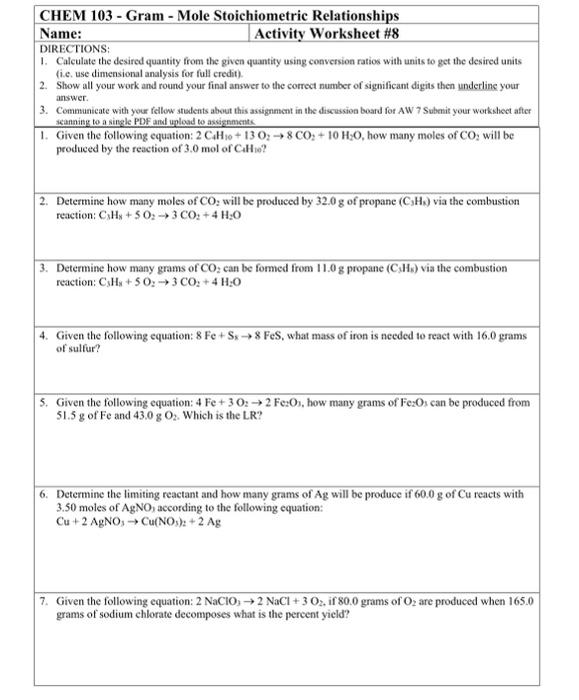Solved CHEM 103 - Gram - Mole Stoichiometric Relationships | Chegg.com