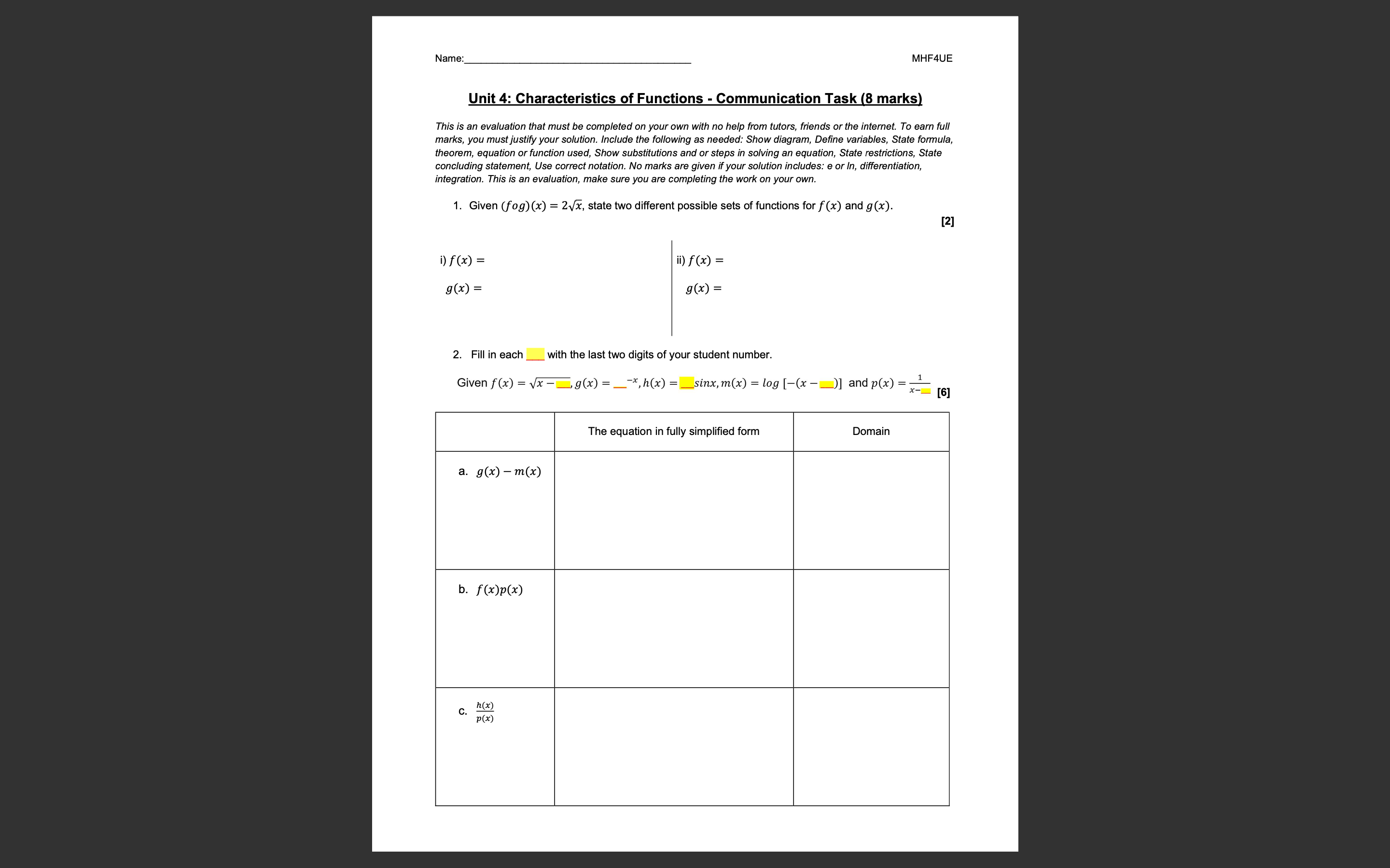 Solved Name:Unit 4: Characteristics of Functions - | Chegg.com