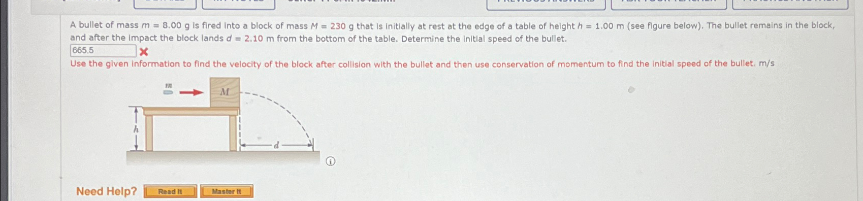 Solved and after the impact the block lands d=2.10m ﻿from | Chegg.com