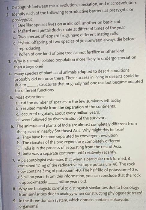 Solved 1. Distinguish between microevolution, speciation, | Chegg.com