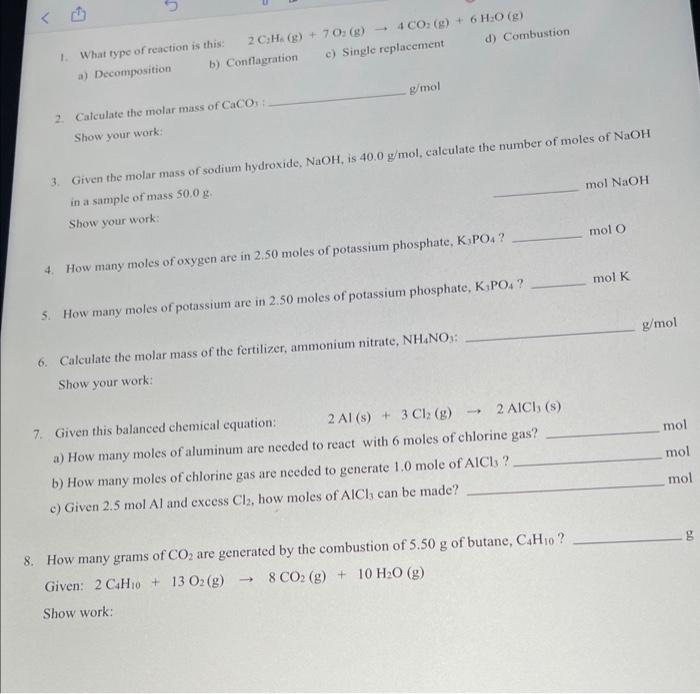 Solved 1. What type of reaction is this: 2C2H2( g)+7O2( | Chegg.com