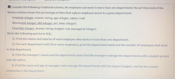 Solved Consider the following relational schema. An employee | Chegg.com
