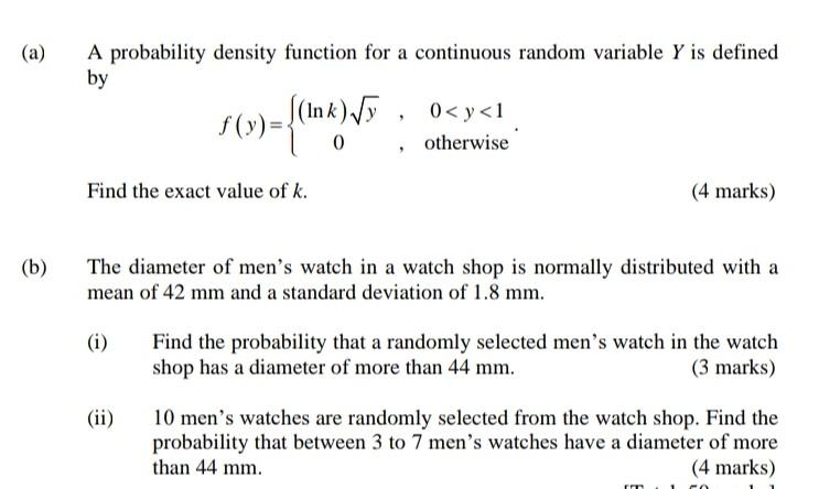 Solved (a) A probability density function for a continuous | Chegg.com