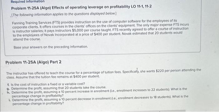 Solved Problem 11-25A (Algo) Effects of operating leverage | Chegg.com
