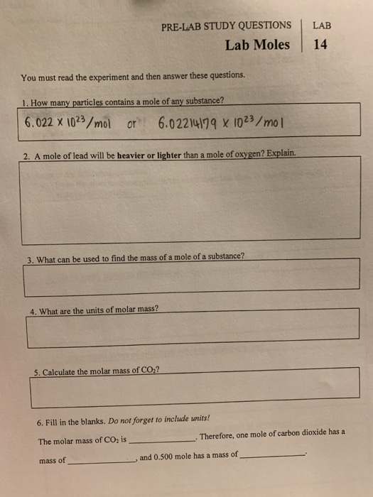 Solved PRE-LAB STUDY QUESTIONS LAB Lab Moles 14 You must | Chegg.com