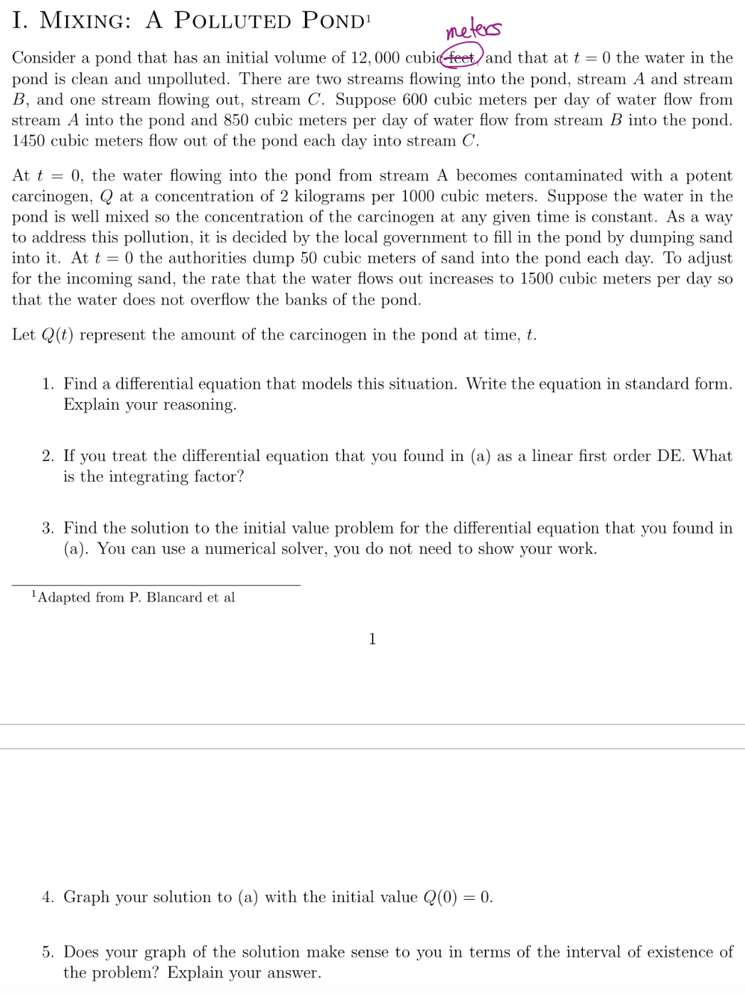 Solved I. Mixing: A Polluted Pond \( { }^{1} \)Consider a | Chegg.com