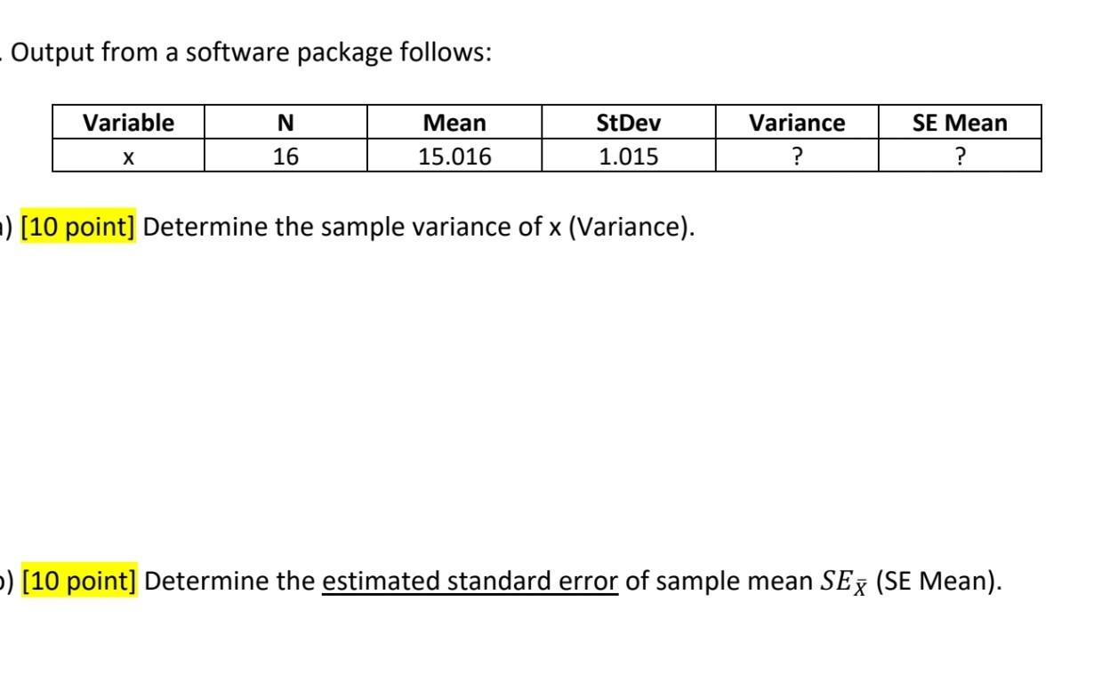 Solved Output from a software package follows: [10 point] | Chegg.com