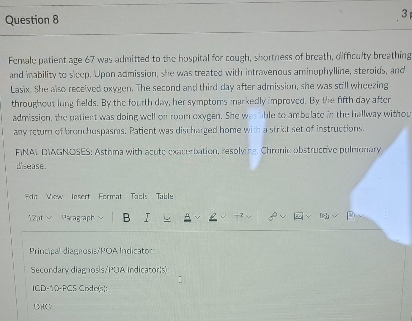 Solved code: principal diagnosis/poa indicator, secondary | Chegg.com