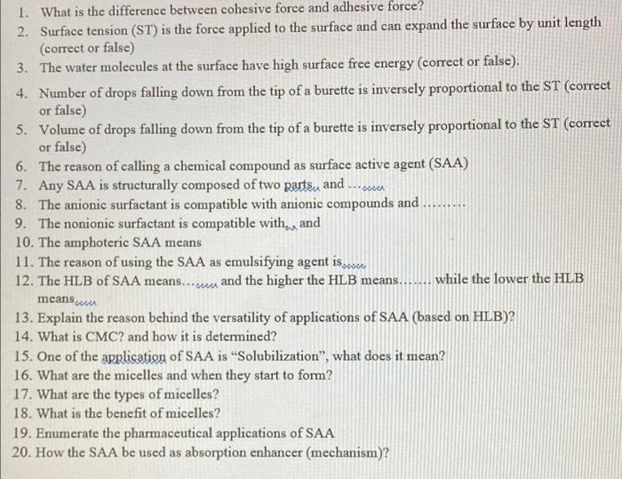 Solved 1. What is the difference between cohesive force and | Chegg.com