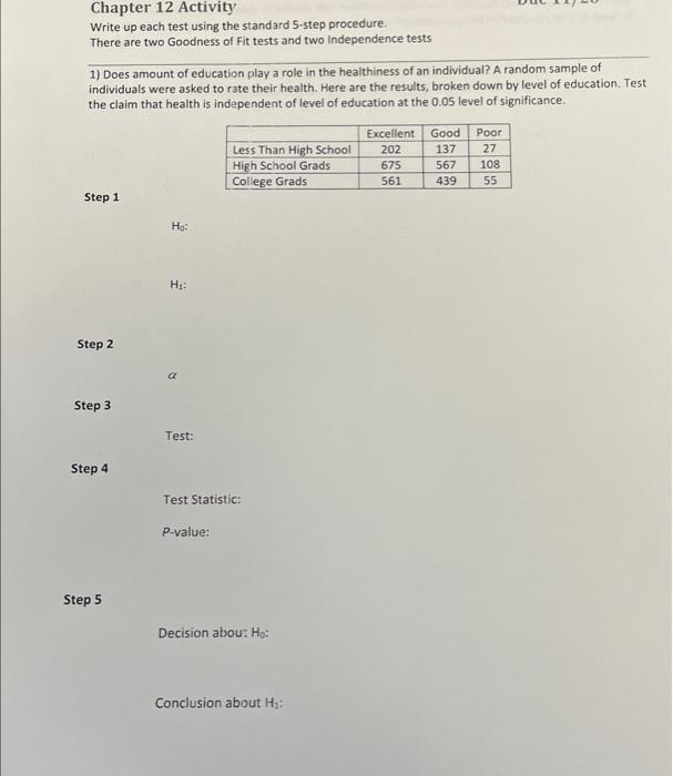 Solved Chapter 12 Activity Write up each test using the | Chegg.com