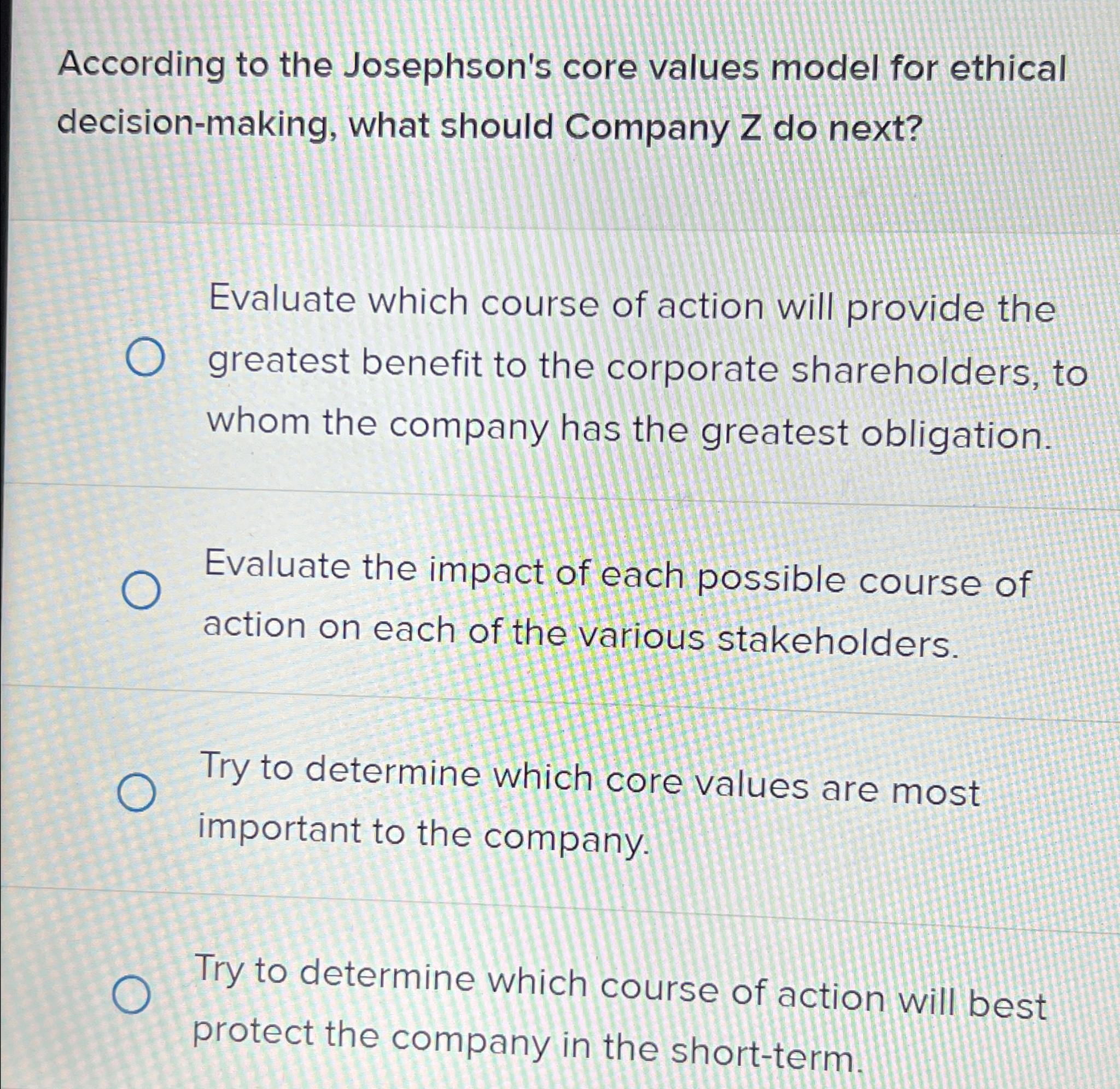 Solved According to the Josephson's core values model for | Chegg.com