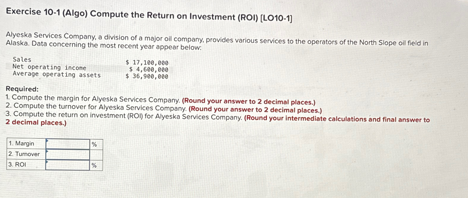 Solved Exercise 10-1 (Algo) ﻿Compute the Return on | Chegg.com