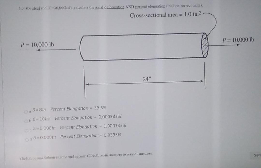 Solved Tor the steel rod (E 30,000ks), calculate the axial | Chegg.com