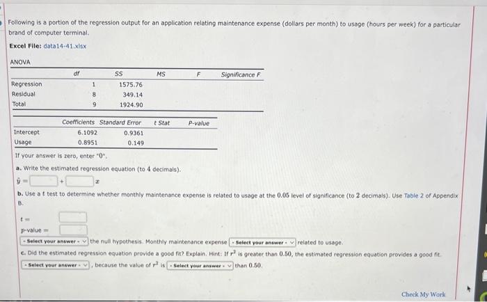 Solved Sllowing is a portion of the regression output for an | Chegg.com