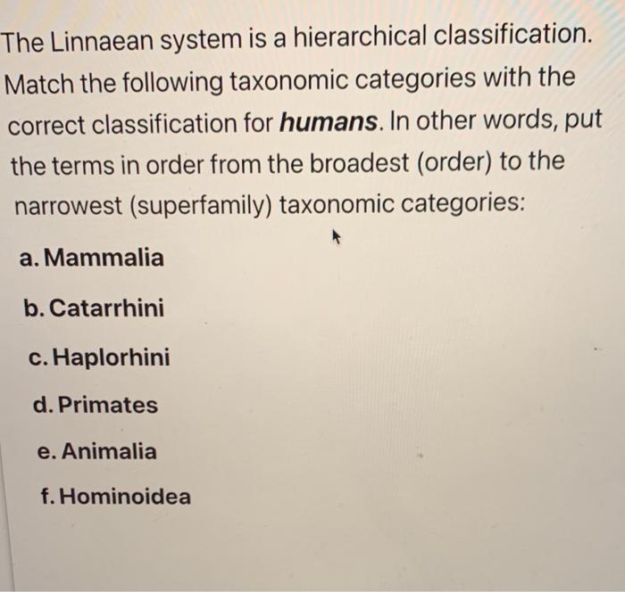 Solved The Linnaean system is a hierarchical classification. | Chegg.com