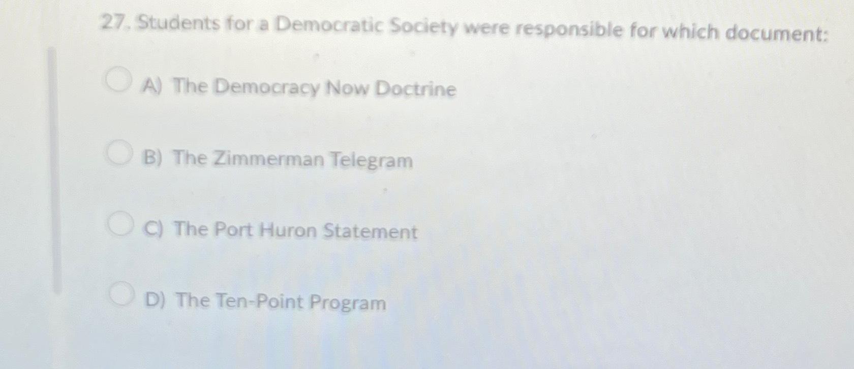 Solved Students for a Democratic Society were responsible | Chegg.com