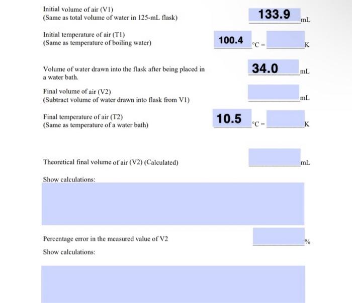 Solved Theoretical final volume of air (V2) (Calculated) | Chegg.com