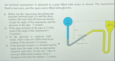 Solved An inclined manometer is attached to a pipe filled | Chegg.com