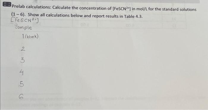Solved Prelab calculations: Calculate the concentration of | Chegg.com