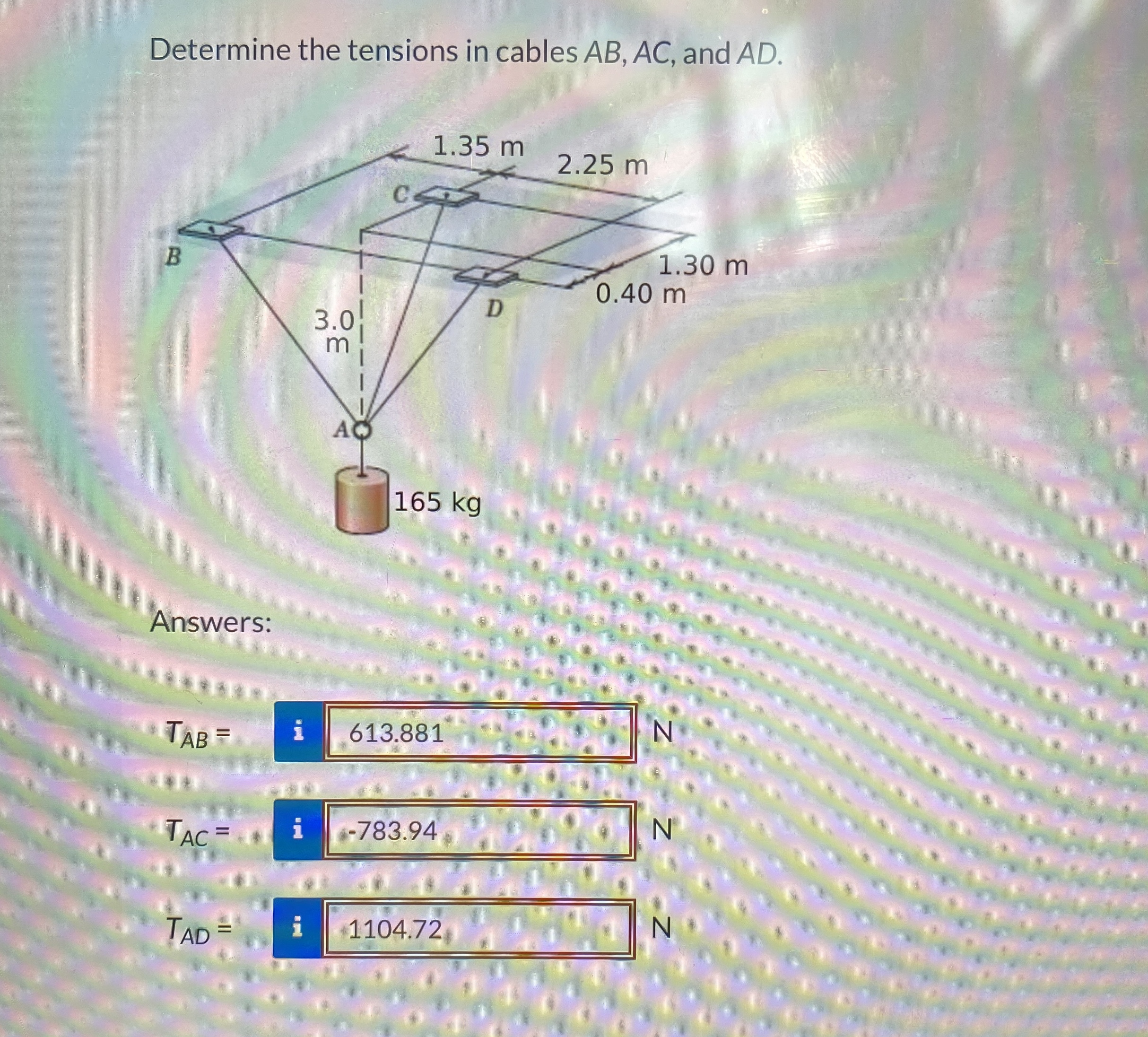 Solved Determine the tensions in cables AB,AC, ﻿and | Chegg.com