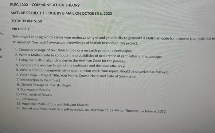 MATLAB PROJECT 1 - DUE BY E-MAIL ON OCTOBER 6,2022 | Chegg.com