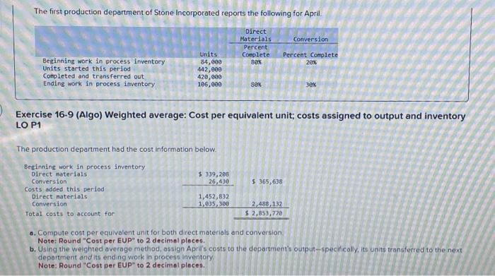 Solved The first production department of Stone Incorporated | Chegg.com
