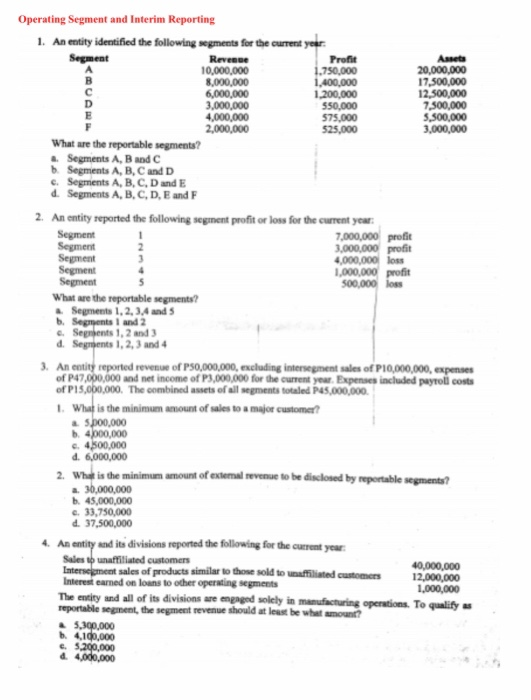 Solved Operating Segment and Interim Reporting 1. An entity | Chegg.com