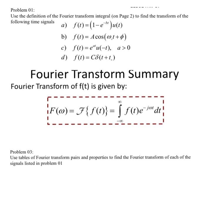 Solved Problem 01: Use the definition of the Fourier | Chegg.com