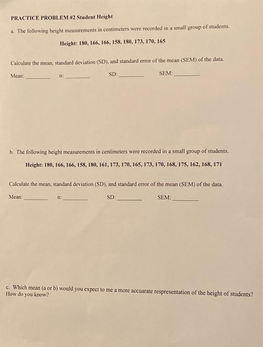 Solved PRACTICE PROBLEM #2 Student Height a. The following | Chegg.com