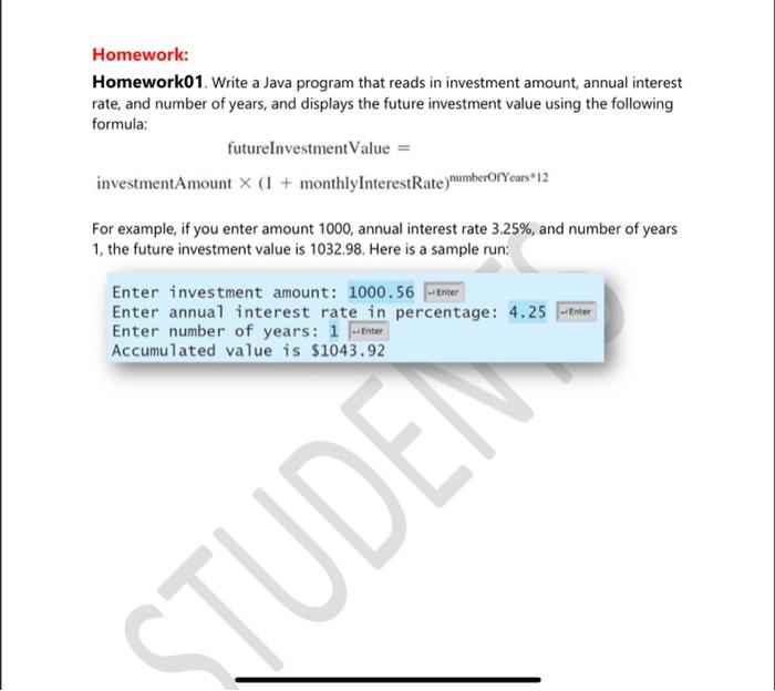 Solved Homework: Homework01. Write a Java program that reads | Chegg.com Solved Homework: Homework01. Write a Java program that reads | Chegg.com