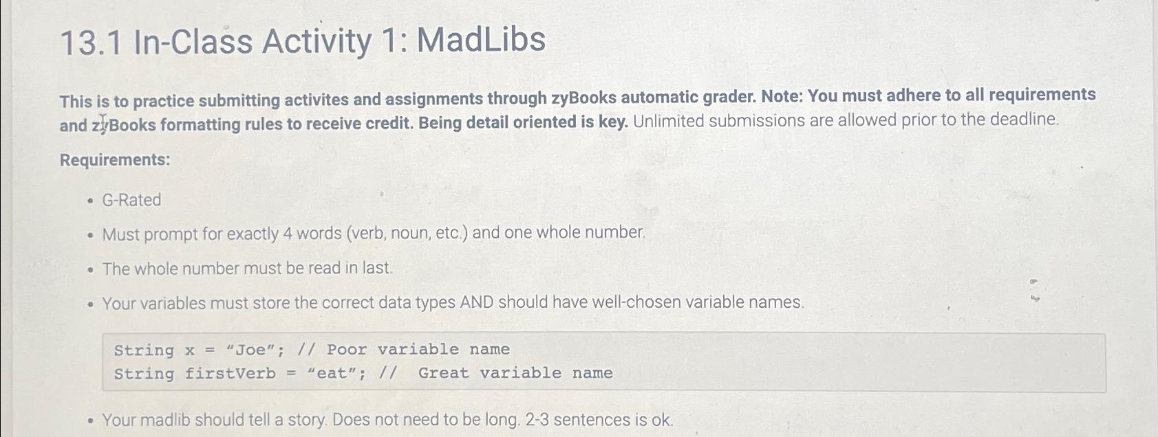 Solved 13.1 ﻿In-Class Activity 1: MadLibsThis is to practice | Chegg.com