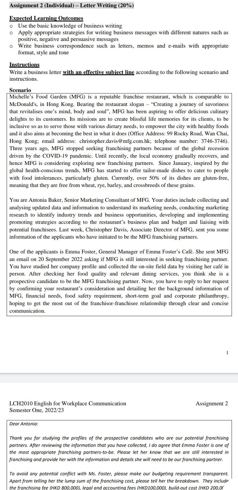 Assignment 2 (Individual) - Letter Writing (20\%) | Chegg.com