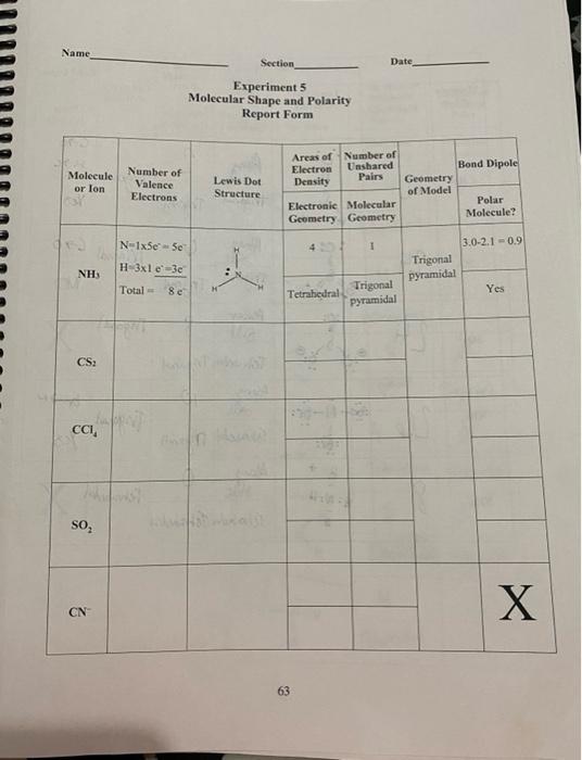 Solved Name Section Date Experiments Molecular Shape and | Chegg.com