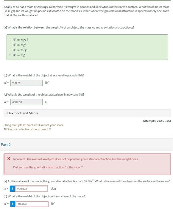 Solved A tank of oil has a mass of 28 slugs. Determine its | Chegg.com