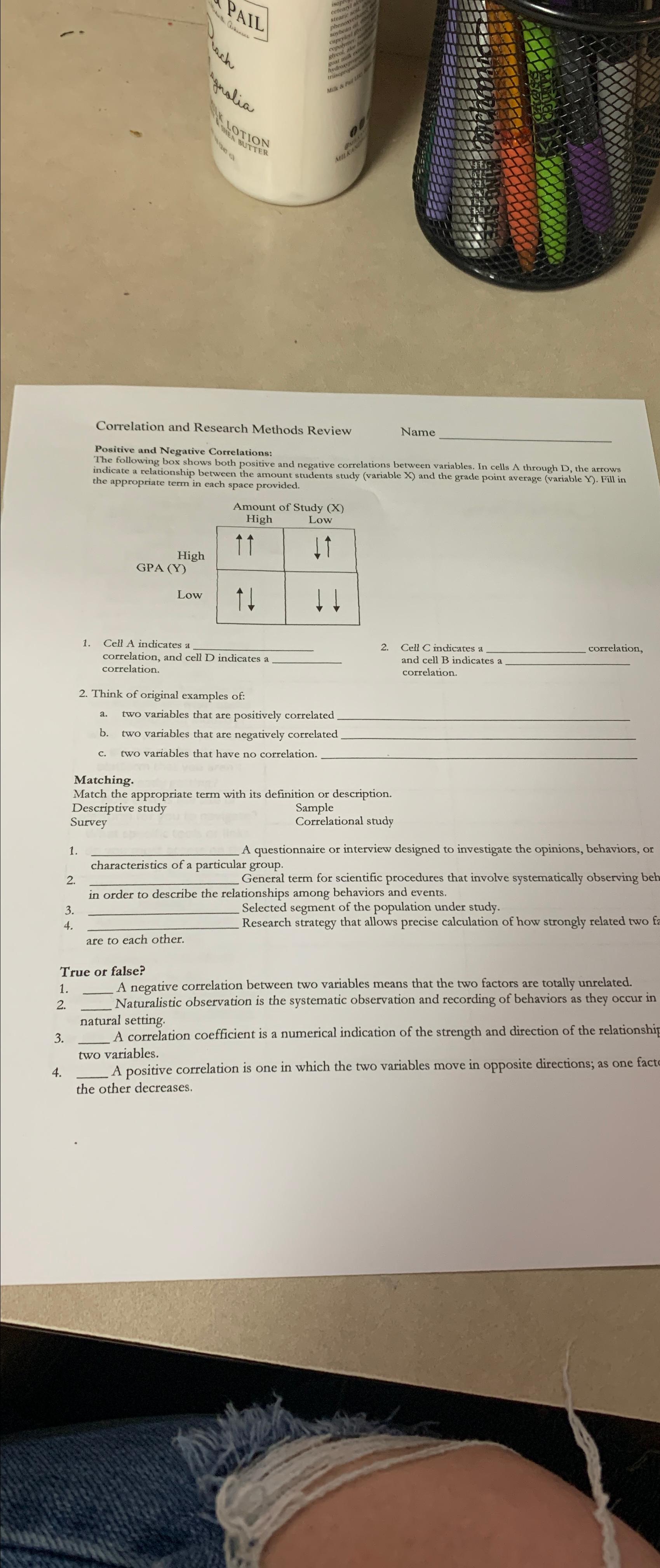 Solved Correlation and Research Methods Review NamePositive | Chegg.com