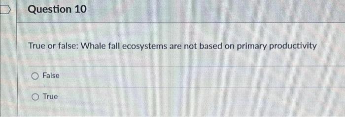 Solved Question 10 True or false: Whale fall ecosystems are | Chegg.com